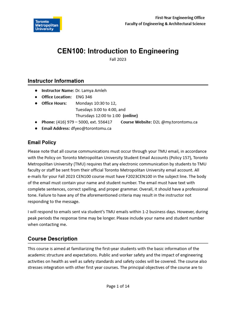 CEN100 Course Outline Fall2023 | PDF | Turnitin | Engineering