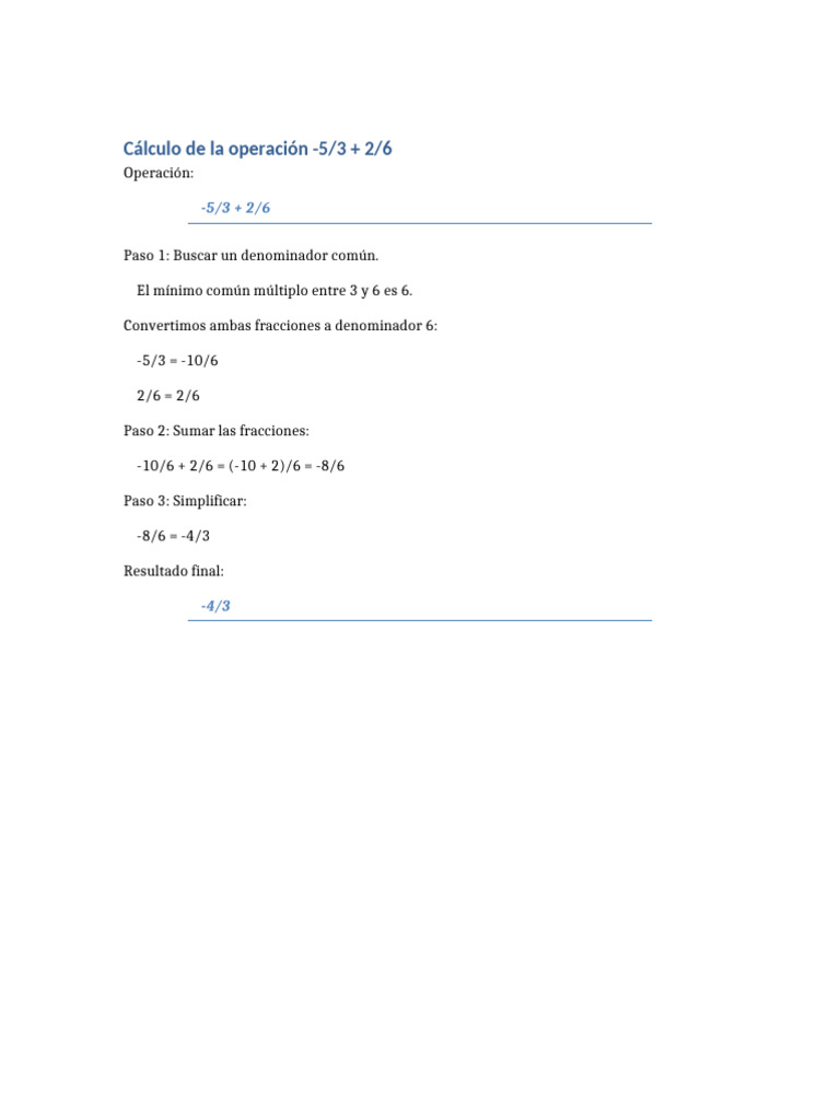 Calculo de - 5 Entre 3 Mas 2 Entre 6 | PDF