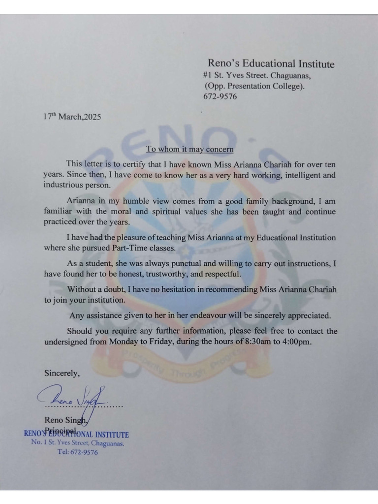 Arianna Chariah Recommendation Letter 3 | PDF