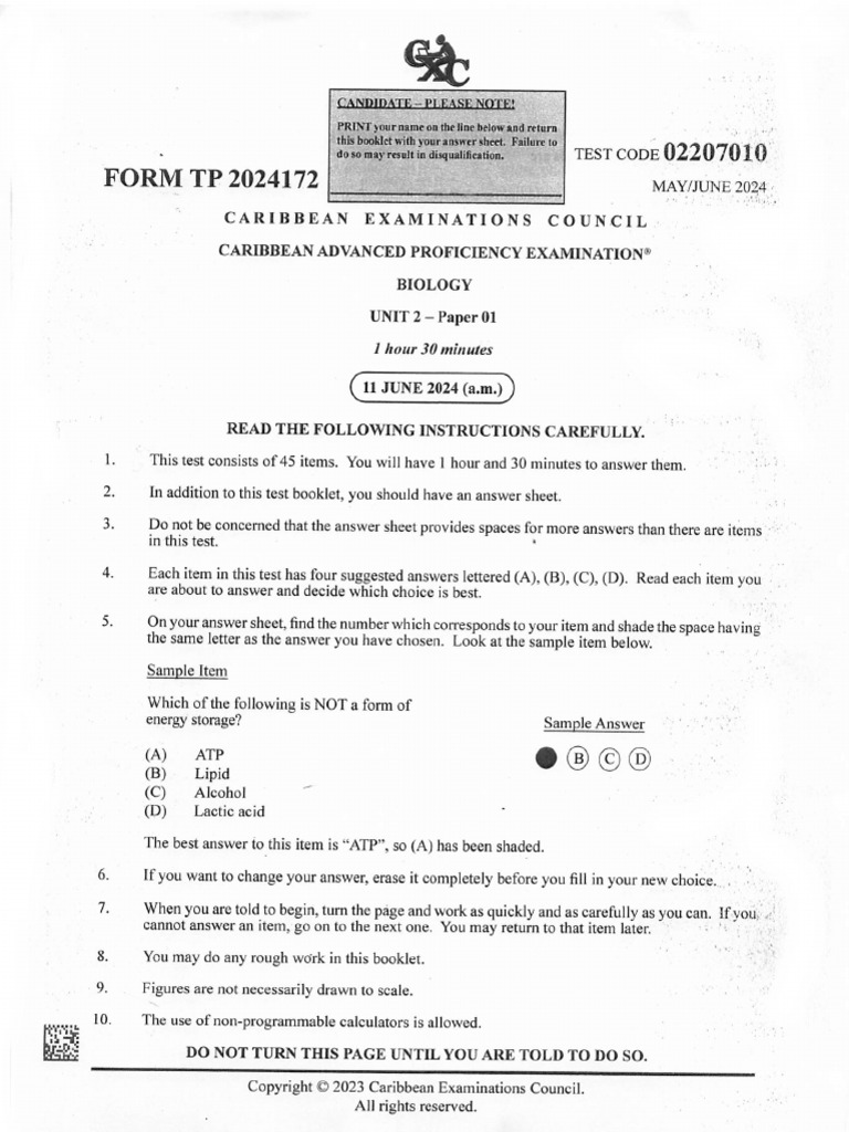 CAPE Biology 2024 U2 P1 Solutions | PDF