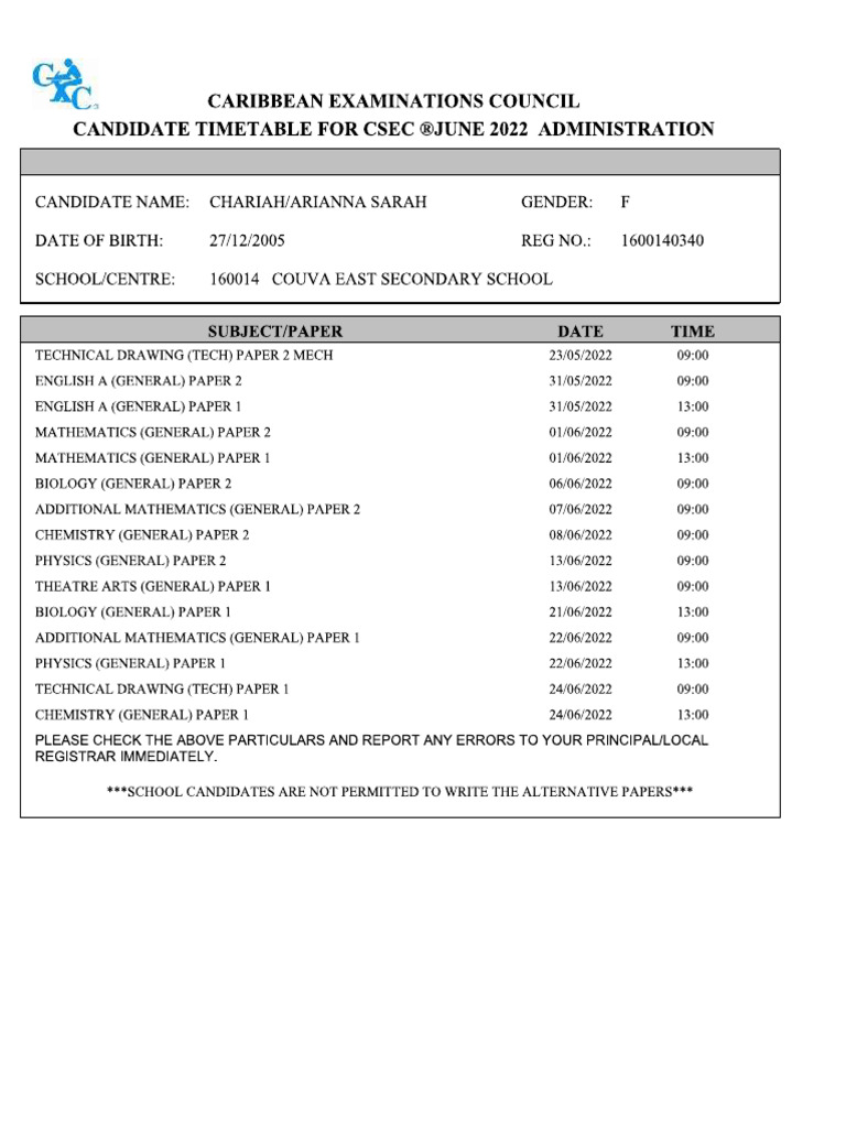 Candidate Time Table | PDF