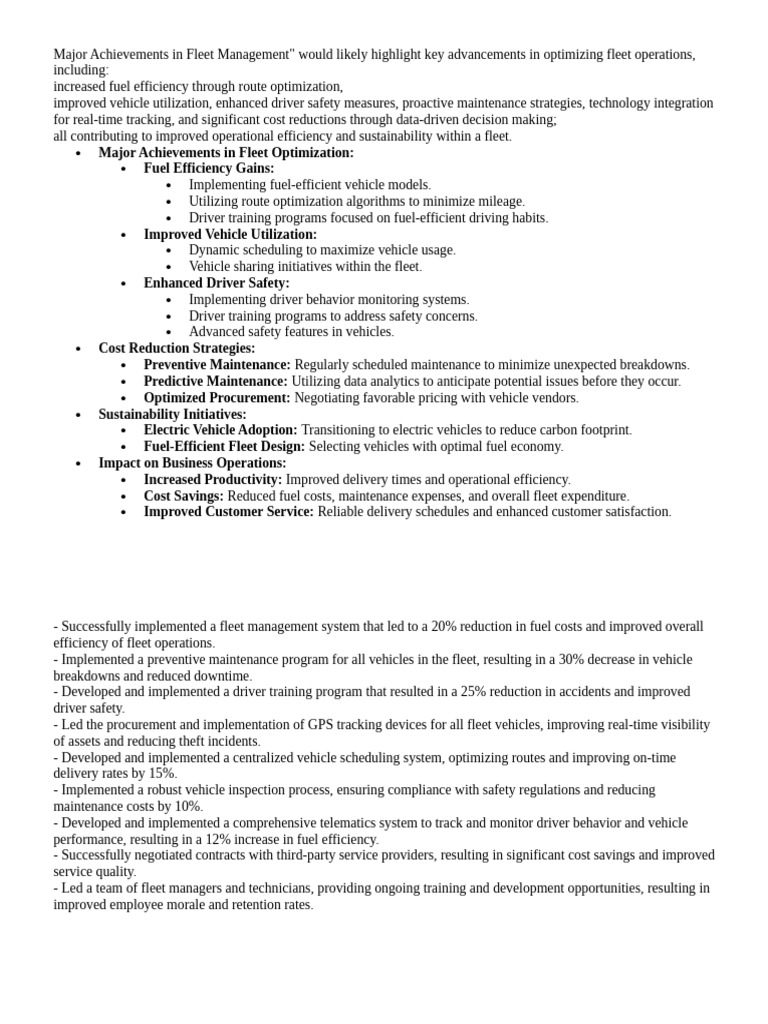Major Achievements in Fleet Management | PDF | Economies | Business