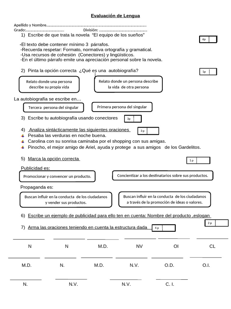Evaluación de Lengua 7mo Correegida | PDF | Palabra | Sintaxis