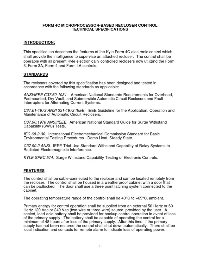 Form 4C Microprocessor-Based Recloser Control Technical Specifications ...