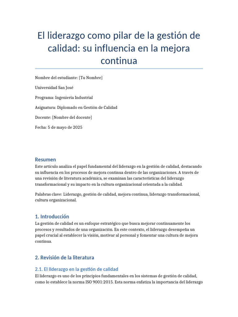 Articulo Liderazgo Gestion Calidad Universidad San Jose | PDF ...