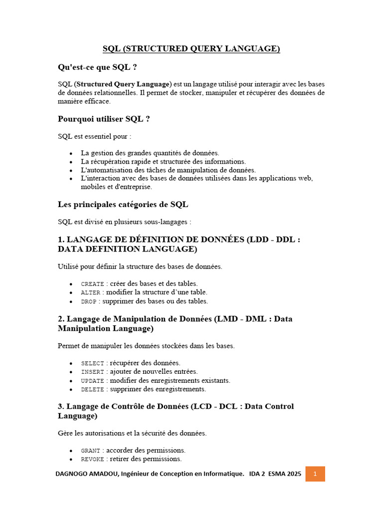Introduction au SQL et LDD | PDF | SQL | Programmation informatique