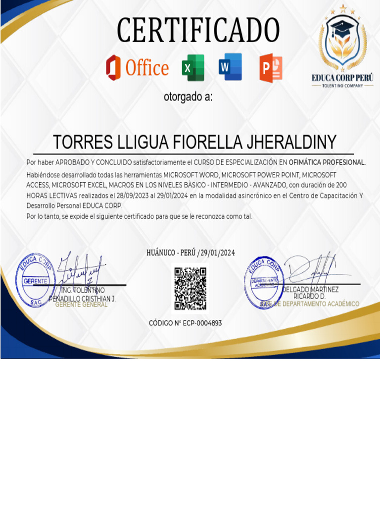 Certificado de Ofimatica Profesional PDF | PDF | Microsoft Excel | acceso Microsoft