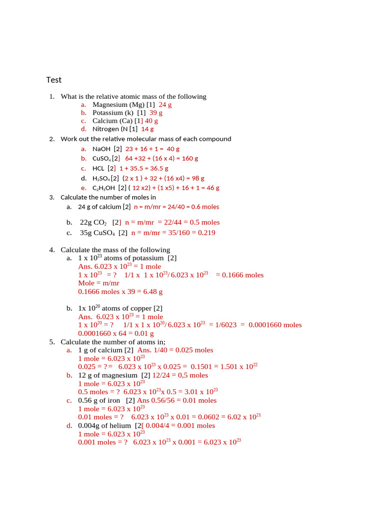 Mole Concept Test and Answers | PDF
