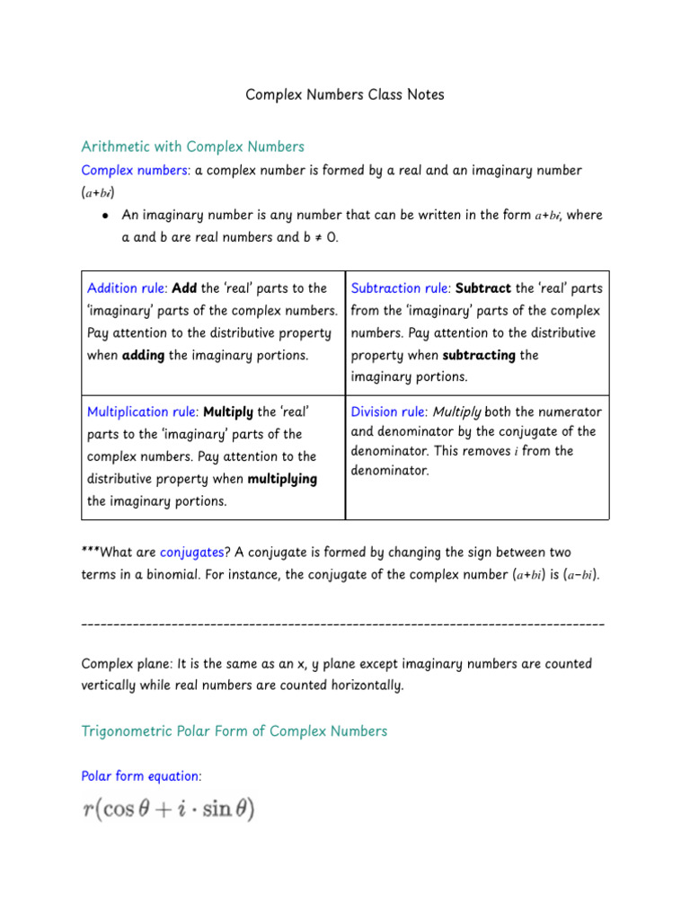 Complex Numbers: Arithmetic & Polar Form | PDF | Complex Number ...
