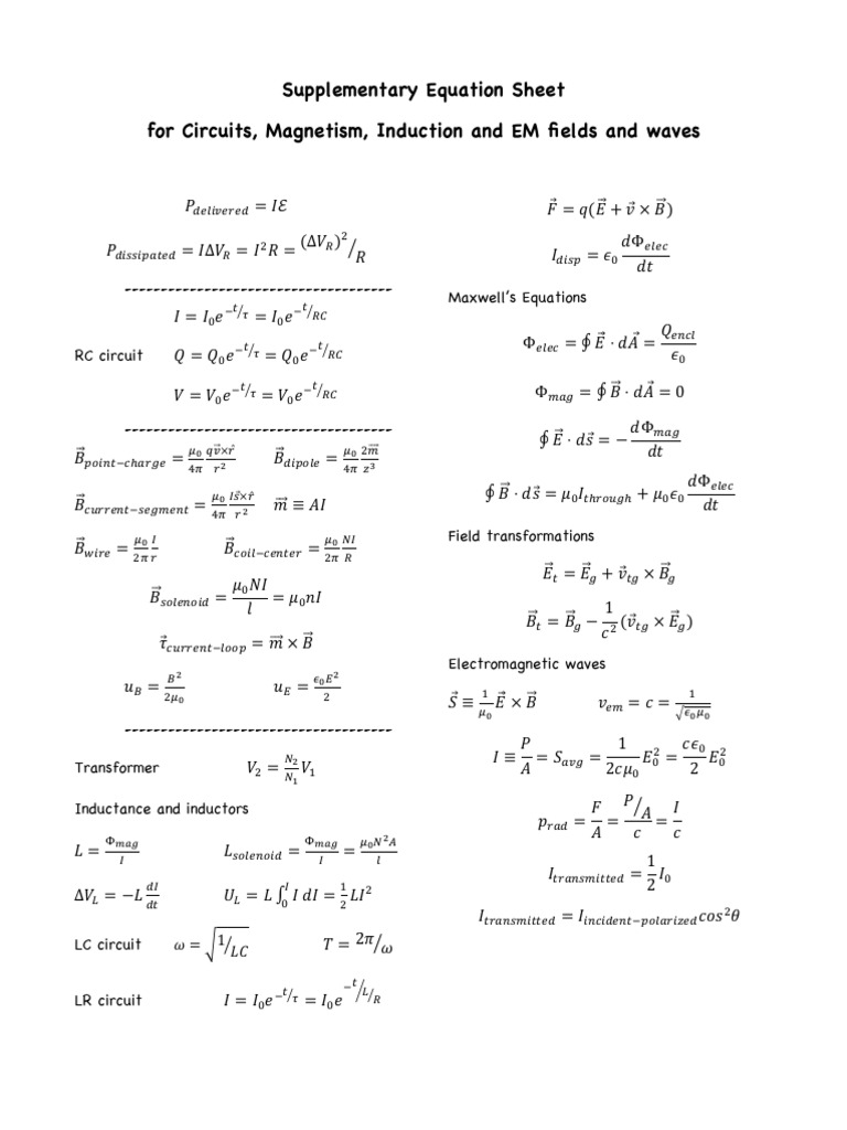 E&M Extra Equations Sheet | PDF | Electromagnetic Induction ...