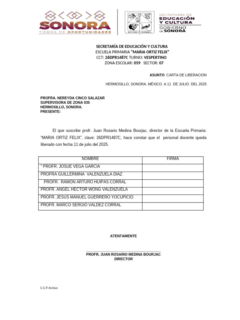 Carta de Liberacion Personal Docente | PDF