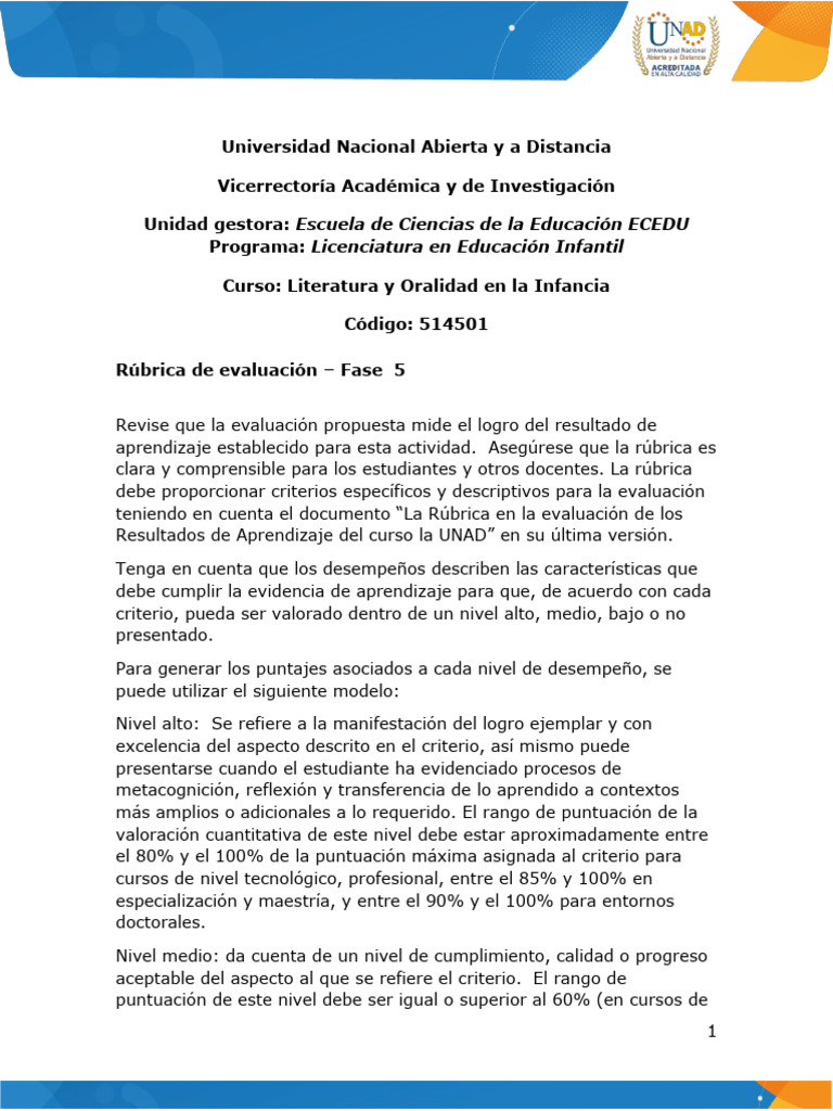 Rúbrica de Evaluación - Fase 5 - Literatura y Oralidad Como Creación | PDF | Evaluación ...