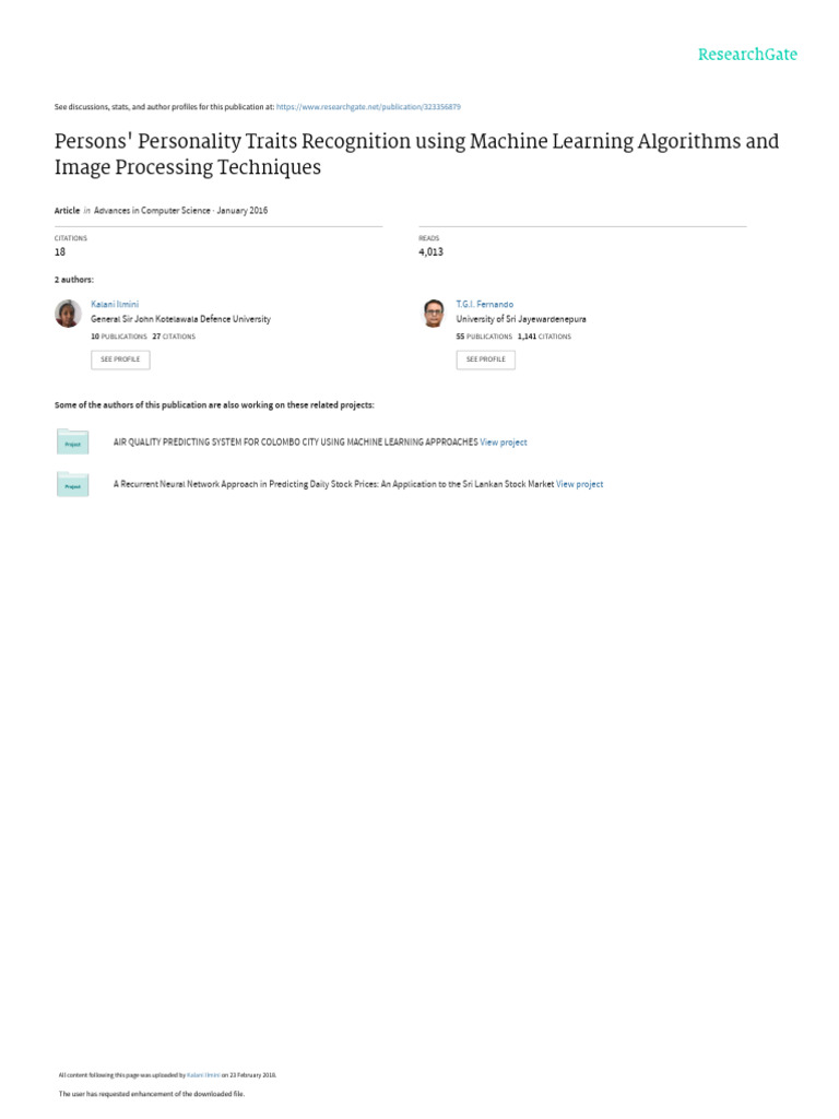 Persons' Personality Traits Recognition Using Machine Learning | PDF | Deep Learning | Support ...