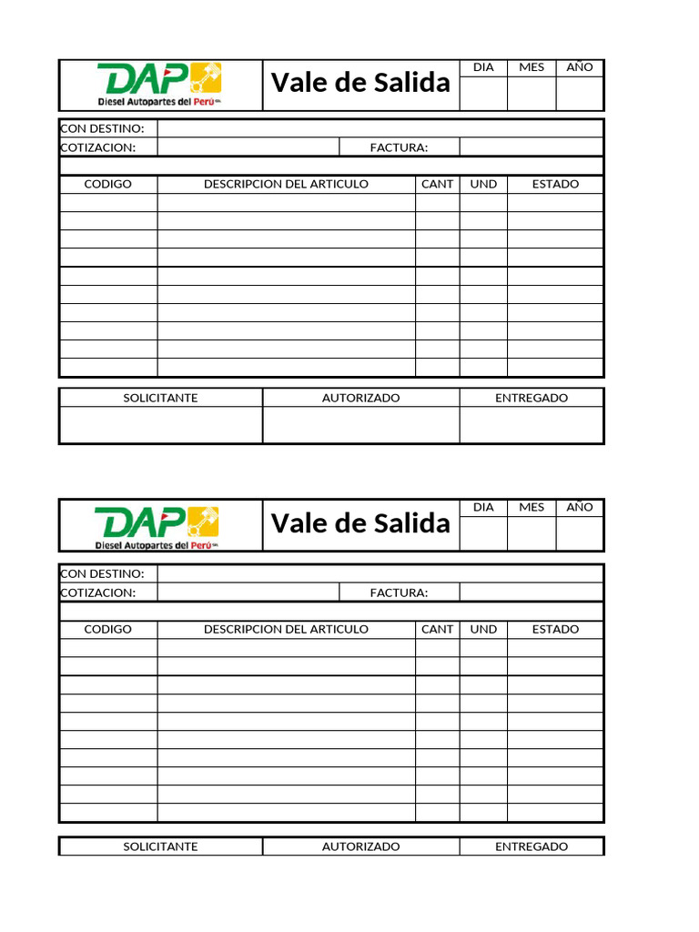 Formato De Vale De Salida Detallado Pdf