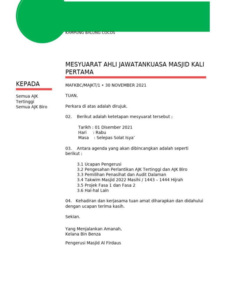 Surat Jemputan Mesyuarat Masjid Al Firdaus | PDF