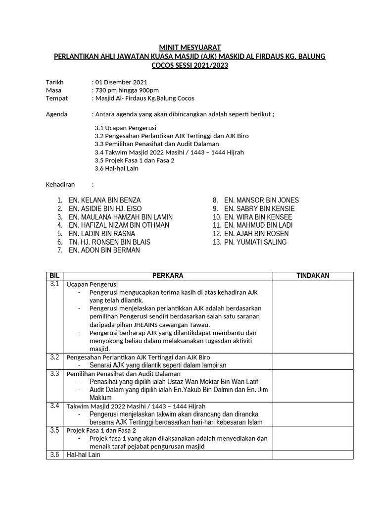 Minit Mesyuarat Ajk 1 | PDF
