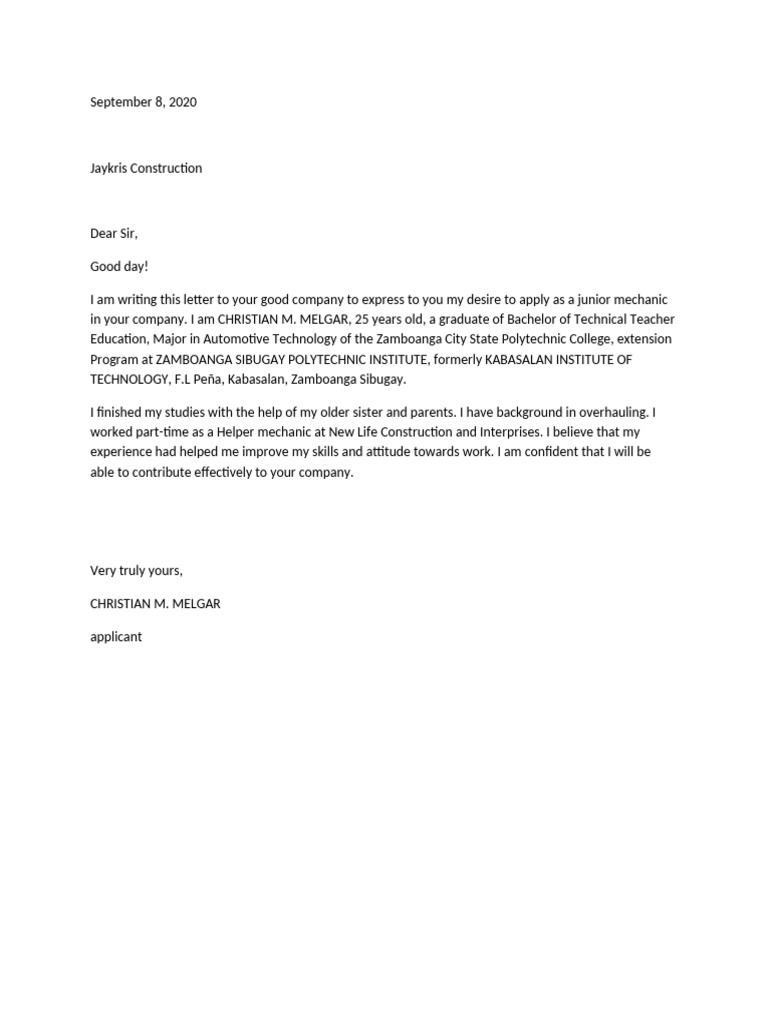 CHRISTIAN Application Letter | PDF
