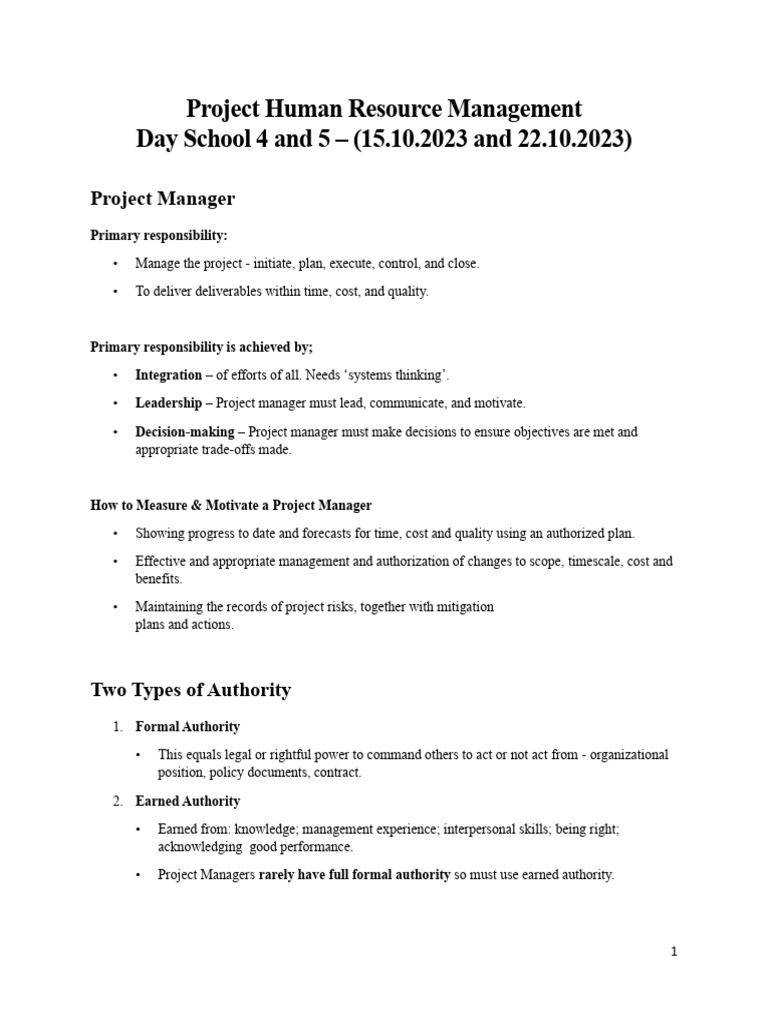 2023.10.15 and 2023.10.22 - Project Management - Day School 4 and 5 - Project Human Resource ...