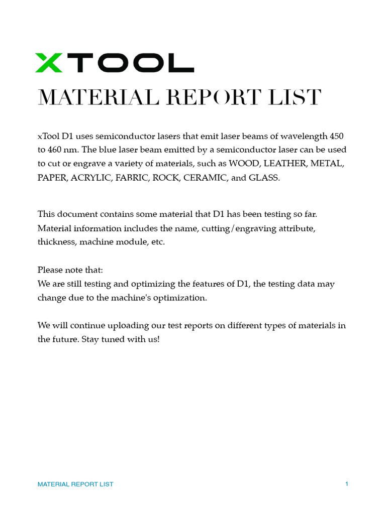 Material Settings File For Xtool Material | PDF | Engraving | Laser