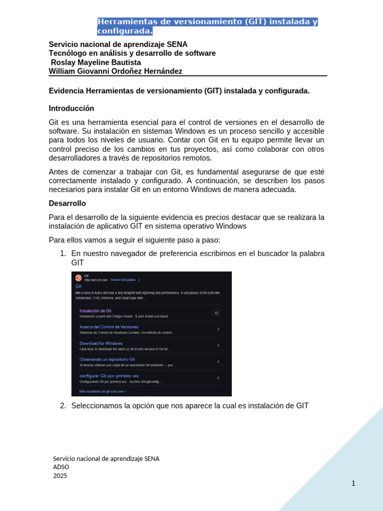 Herramientas de Versionamiento (GIT) Instalada y Configurada | PDF ...