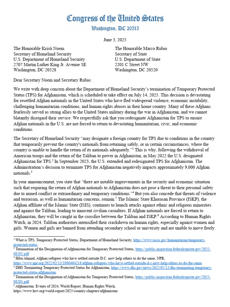 Letter To Secretaries Noem and Rubio On Tps For Afghanistan1 | PDF ...