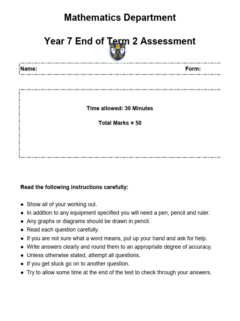 Year 7 Math Assessment Guide | PDF