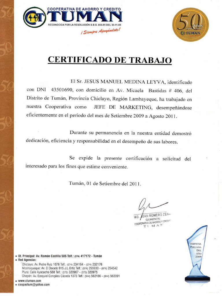 Certificado Trabajo Coopac JM | PDF