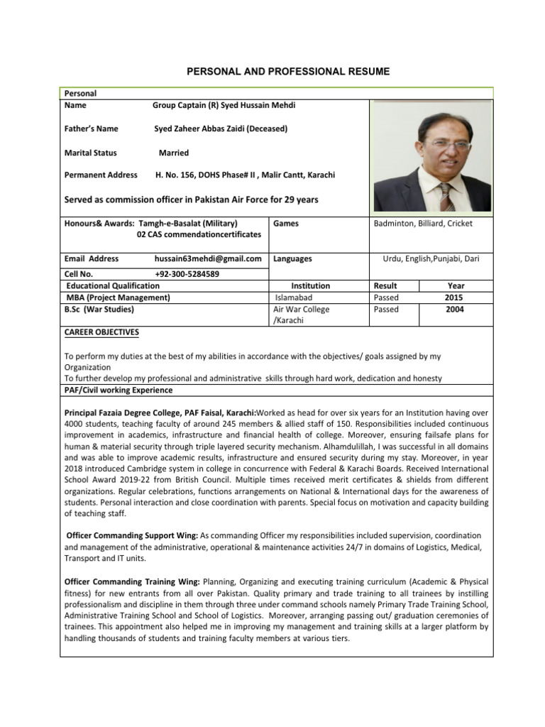 Group Captain (R) Syed Hussain Mehdi | PDF | Pakistan | Karachi