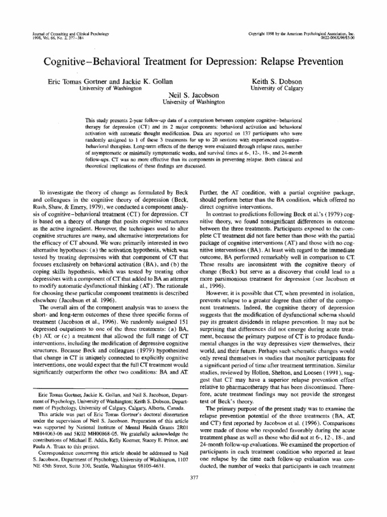 Gortner Depresion1998 | PDF | Major Depressive Disorder | Cognitive ...