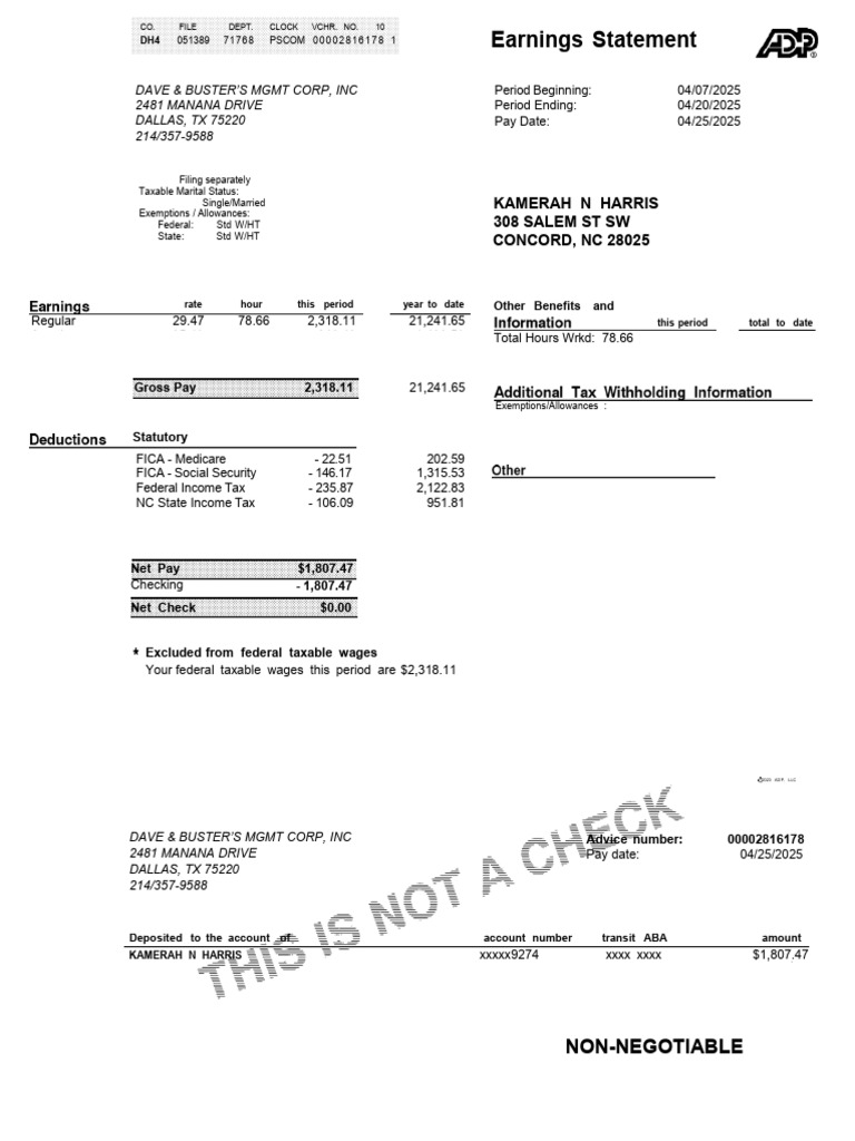 Adp Paystub Kamerah 04 25 2025 | PDF | Economy Of The United States ...