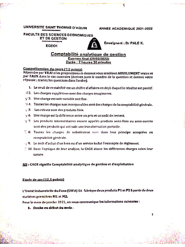 Correction Comptabilité Analytique | PDF