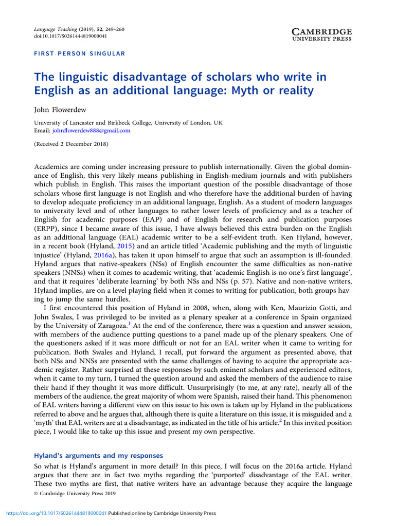 The Linguistic Disadvantage of Scholars | PDF | English As A Second Or ...