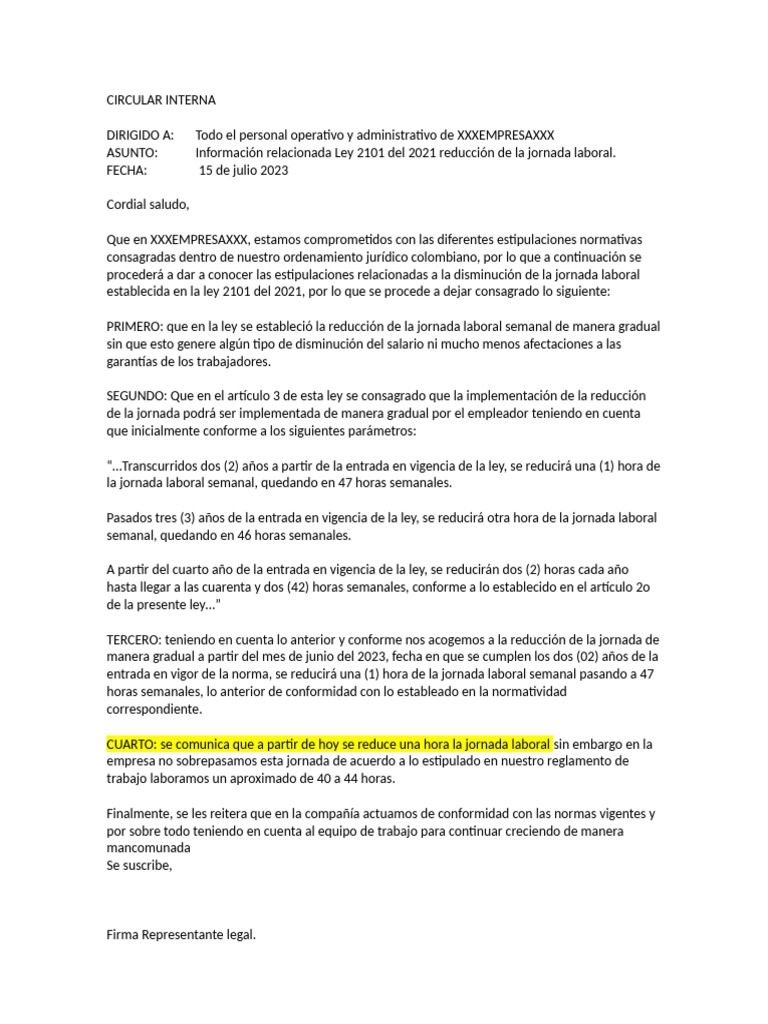 Circular Interna Disminucion Jornada Laboral | PDF