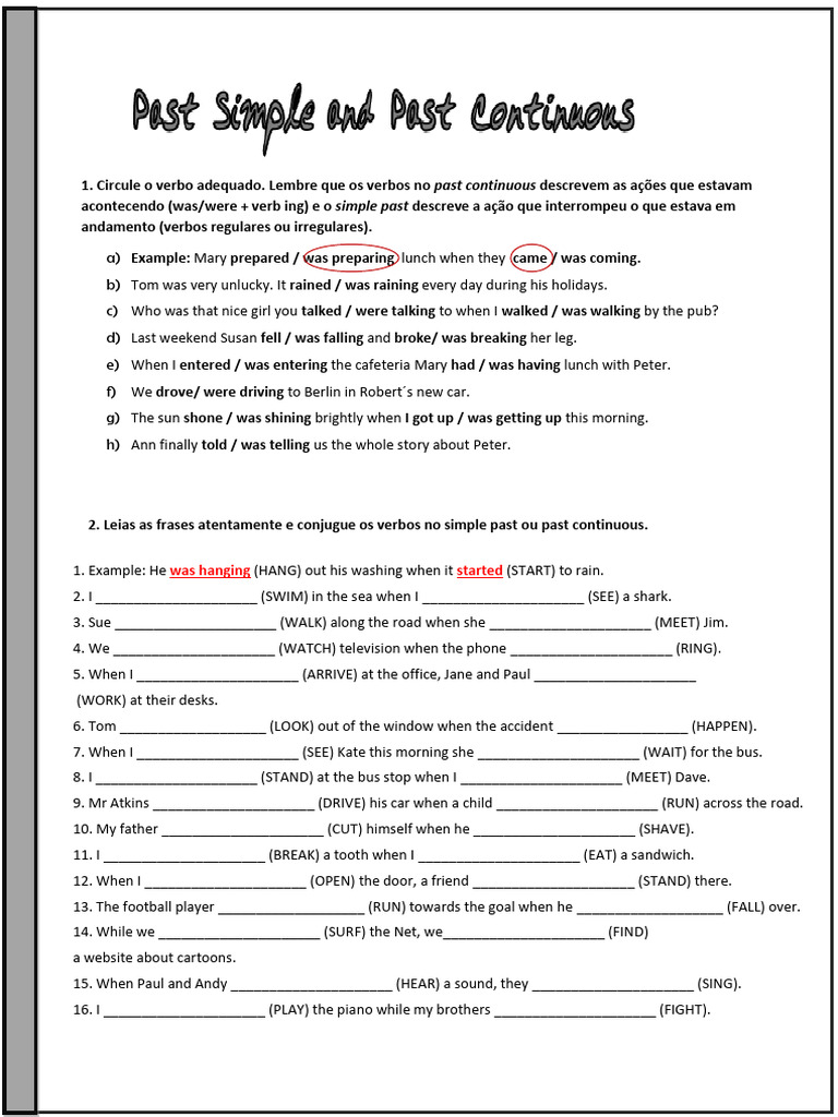 Past Continuous vs. Simple Past Exercises | PDF