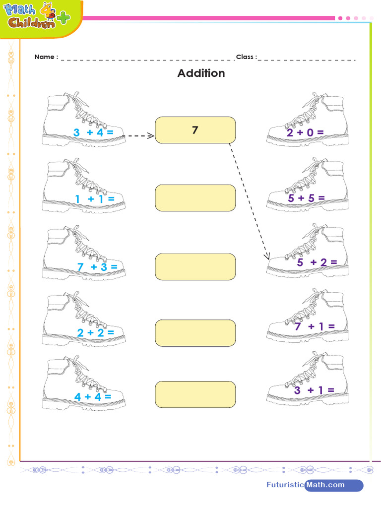 Addition Shoe Match Worksheet | PDF