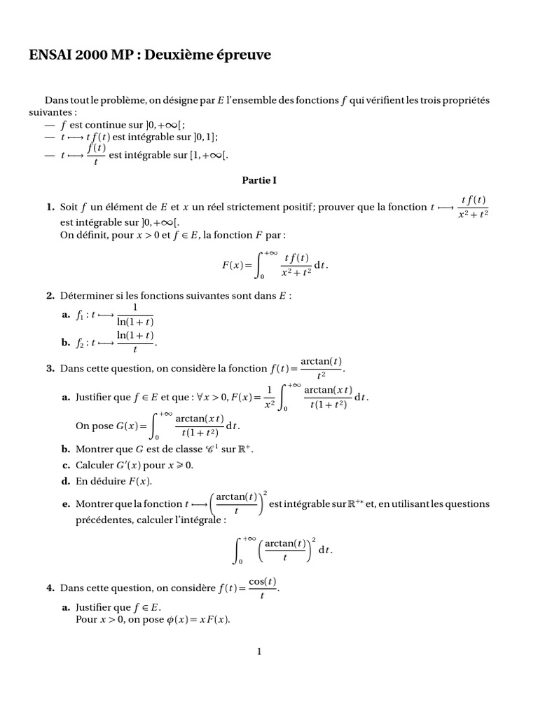 Épreuves de mathématiques : Fonctions et intégrales | PDF | Limite ...