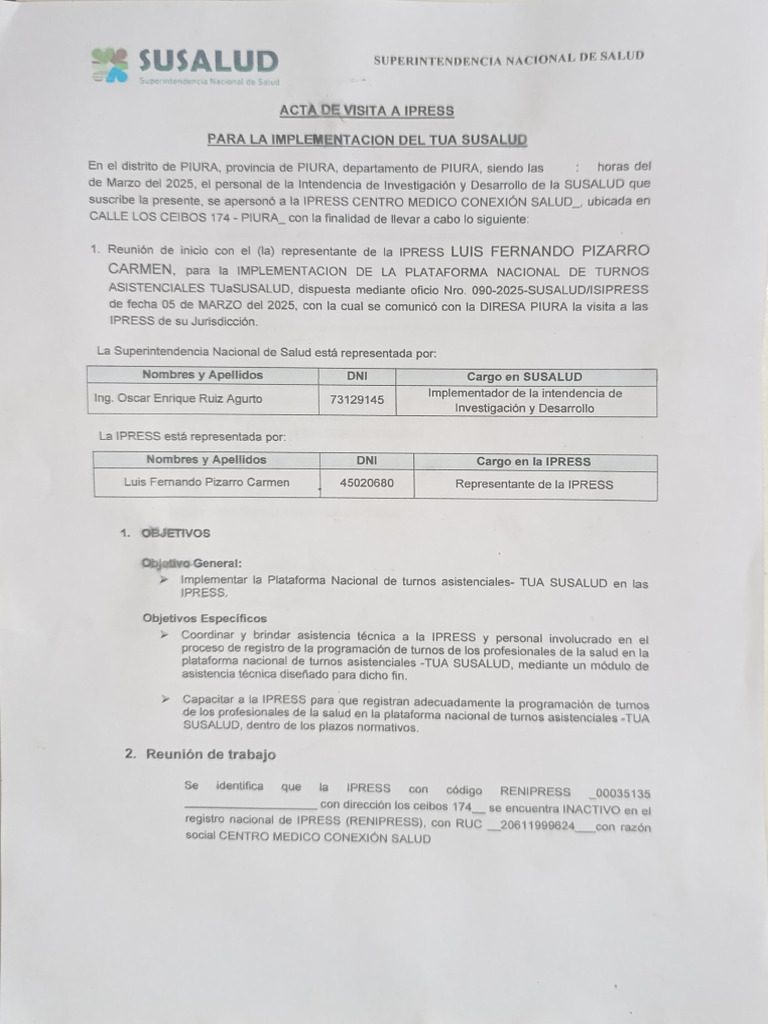 Susalud Acta de Visita | PDF