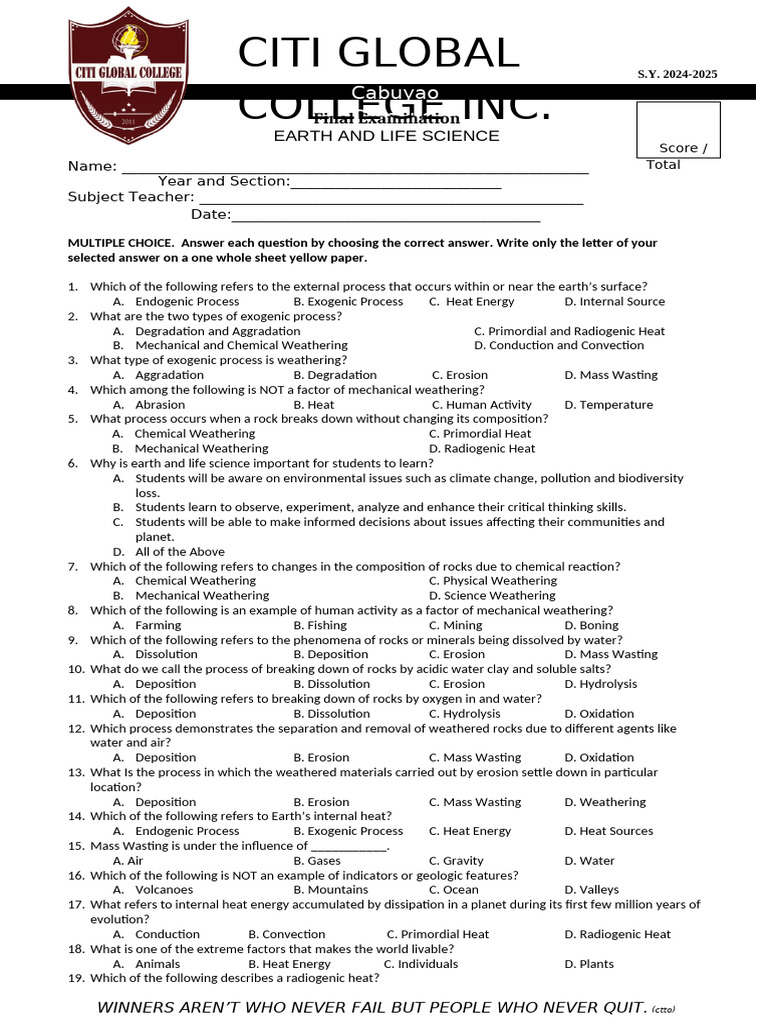 Earth and Life Science Final Exam | PDF | Magma | Plate Tectonics