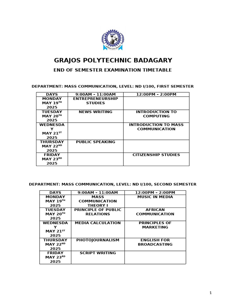 This Semester Exam Timetable | PDF | Academic Term | Mathematics
