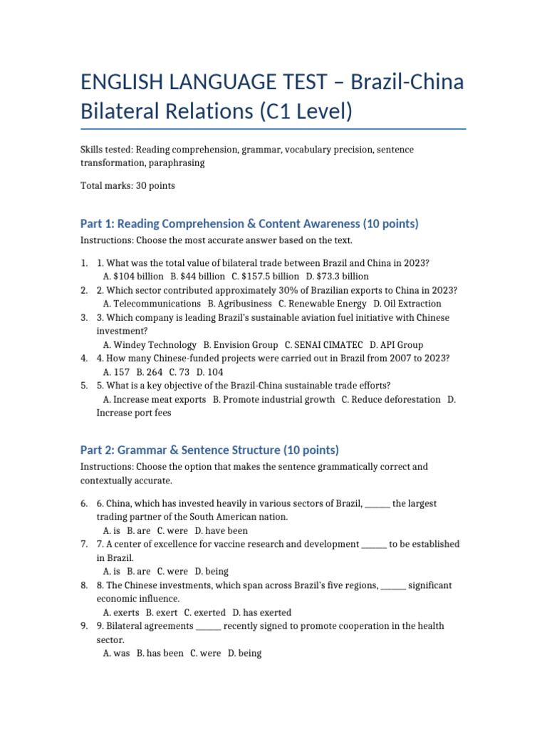 Brazil China English Test C1 | PDF | Brazil | China