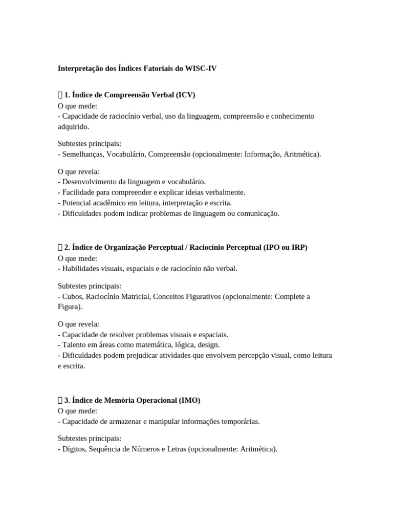 Interpretação dos Índices do WISC-IV | PDF