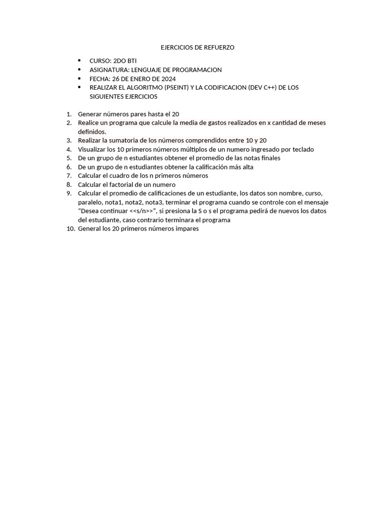 Ejercicios de Refuerzo | PDF