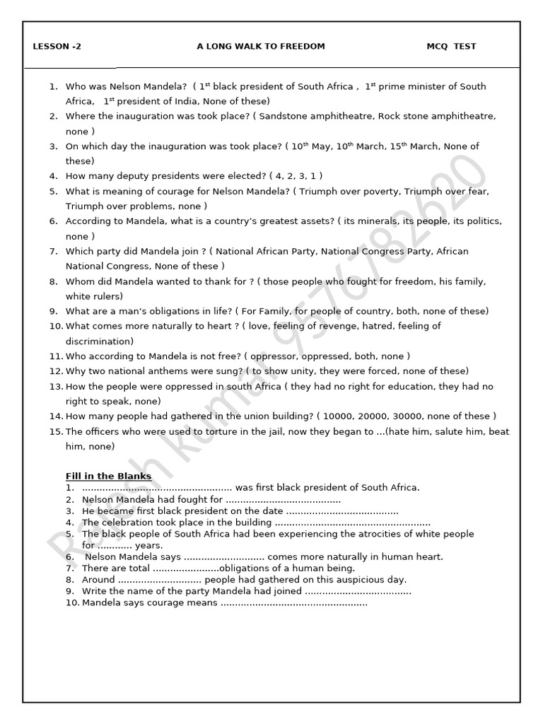 Mandela's Freedom MCQ Test | PDF | Nelson Mandela