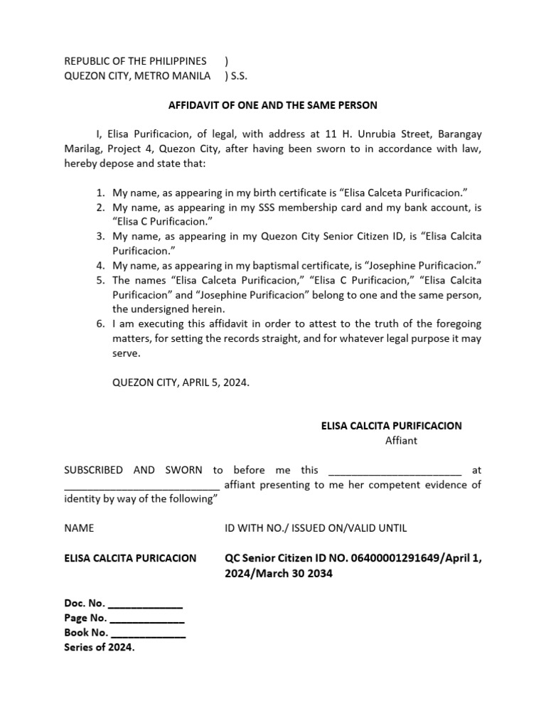 UPDATED Affidavit of One and The Same Person Ecp | PDF