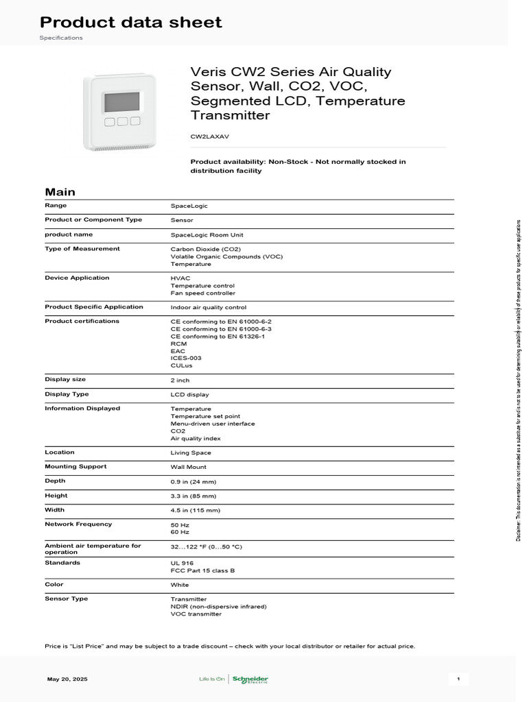 Schneider Electric SpaceLogic Living Space Analog Protocol Sensors CW2LAXAV | PDF | Electrical ...
