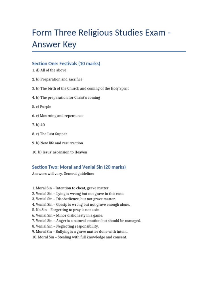 Form Three Religious Studies Answer Key | PDF