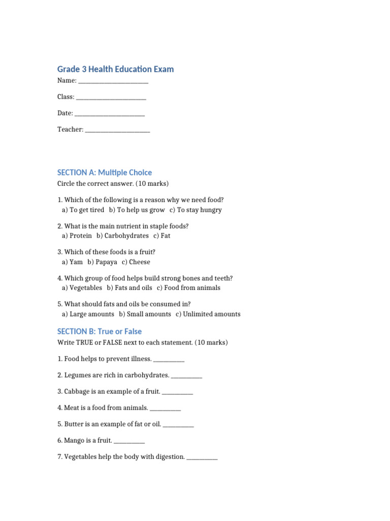 Grade 3 Health Exam Worksheet | PDF