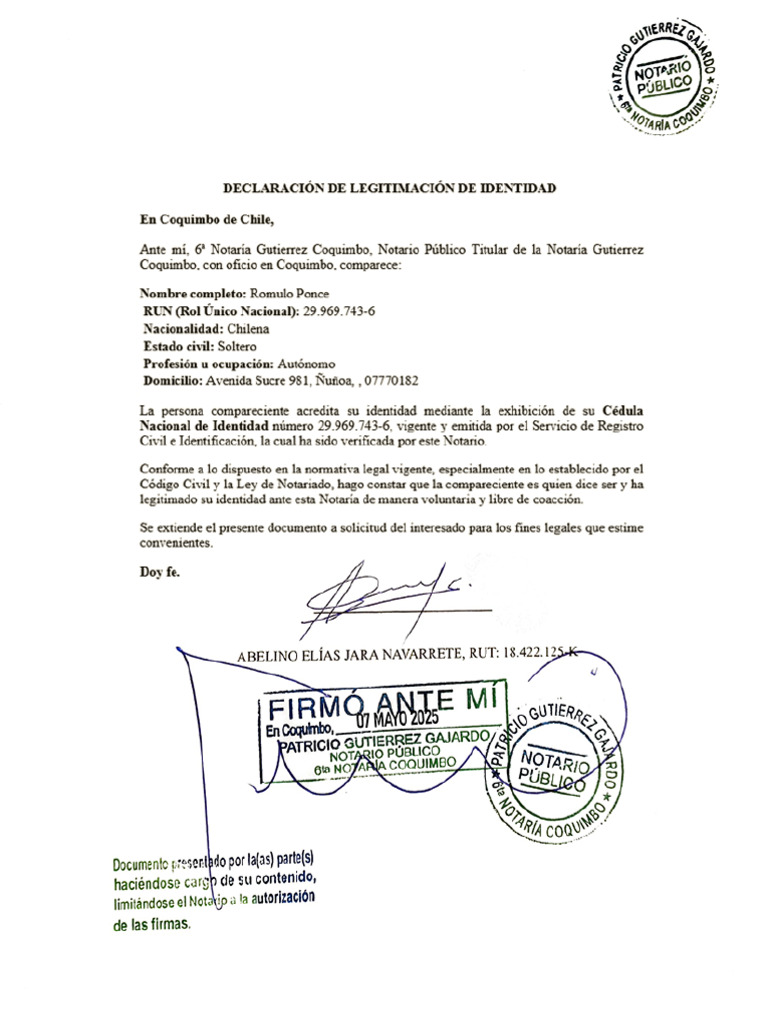Declaracion de Identidad Romulo 0705 | PDF