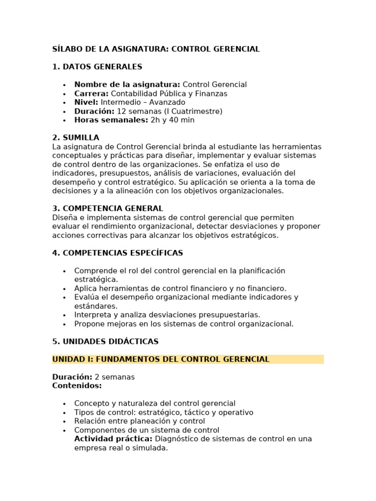 Silabo Control Gerencial | PDF | Presupuesto | Planificación