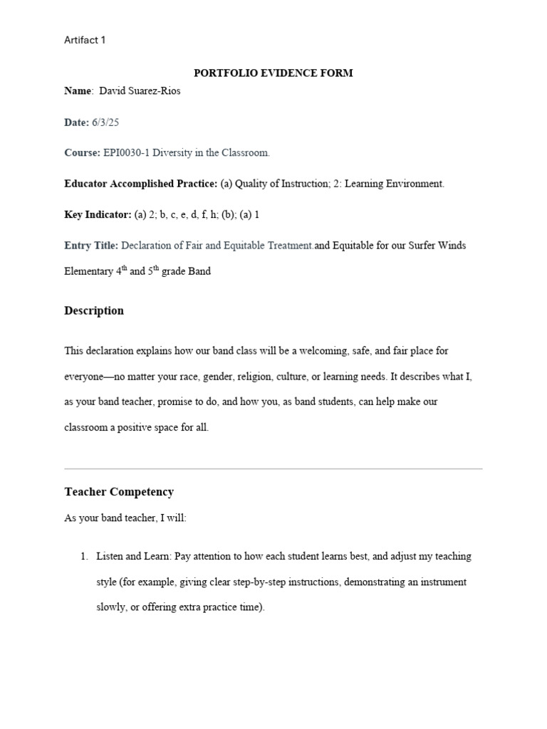 Artifact 1 Declaration of Fair and Equitable Classroom | PDF | Teachers ...